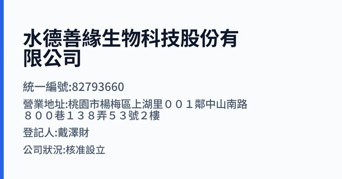 水德善緣生物科技股份有限公司 - 統編 82793660(桃園市) 公司登記資料與營業項目詳細圖表