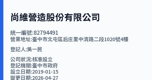 尚維營造股份有限公司的照片-統編 82794491(臺中市) 公司登記資料與營業項目詳細圖表