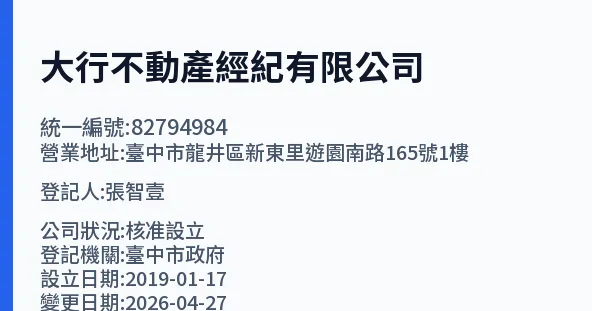 大行不動產經紀有限公司的照片-統編 82794984(臺中市) 公司登記資料與營業項目詳細圖表