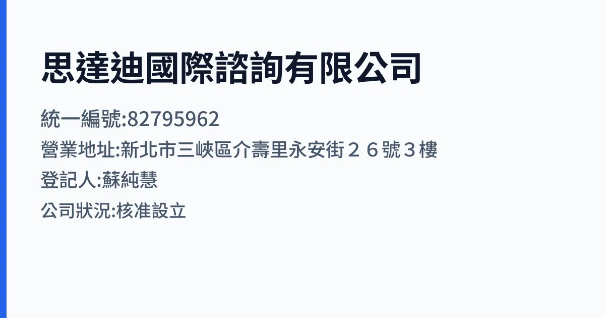 思達迪國際諮詢有限公司 - 統編 82795962(新北市) 公司登記資料與營業項目詳細圖表