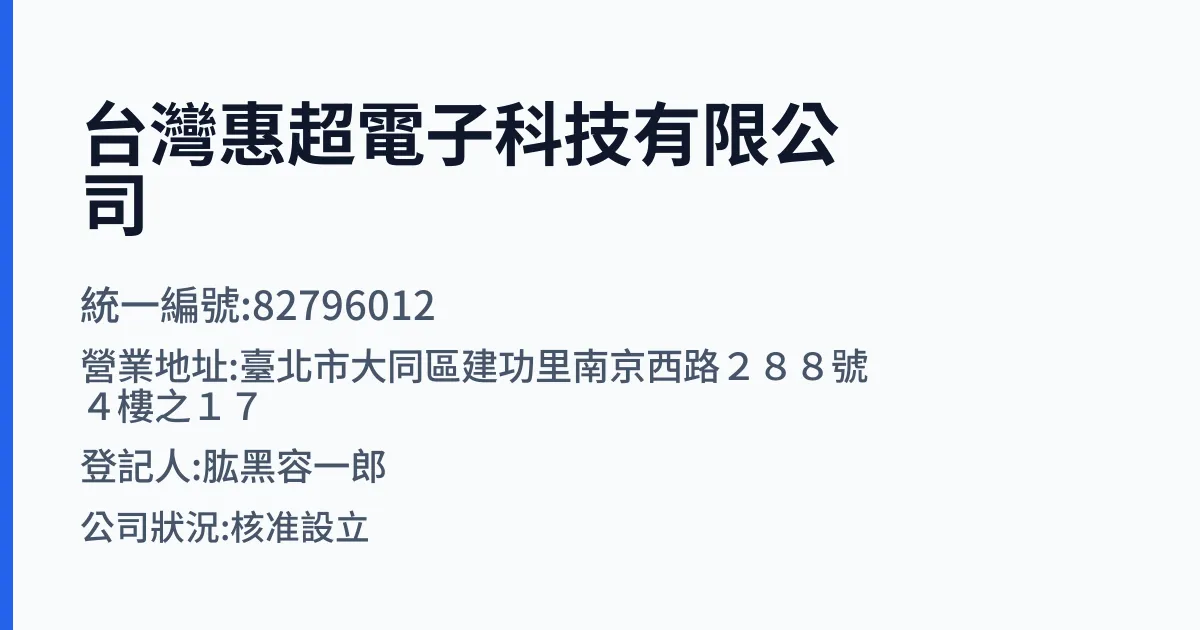 台灣惠超電子科技有限公司 - 統編 82796012(臺北市) 公司登記資料與營業項目詳細圖表