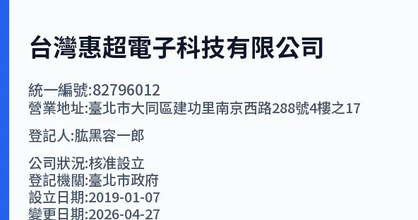 台灣惠超電子科技有限公司的照片-統編 82796012(臺北市) 公司登記資料與營業項目詳細圖表