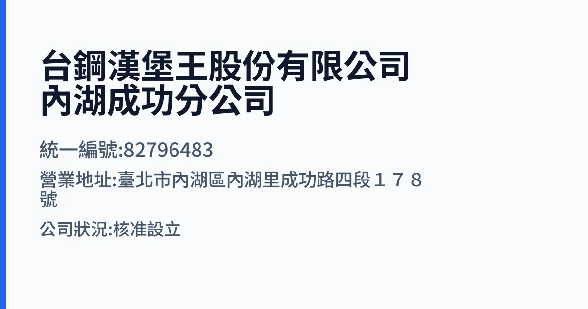 台鋼漢堡王股份有限公司內湖成功分公司 - 統編 82796483(臺北市) 公司登記資料與營業項目詳細圖表