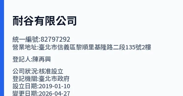 耐谷有限公司的照片-統編 82797292(臺北市) 公司登記資料與營業項目詳細圖表
