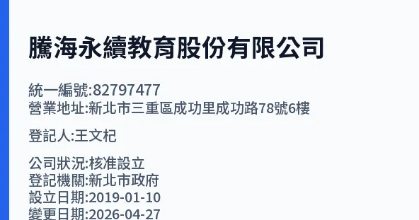 騰海永續教育股份有限公司的照片-統編 82797477(新北市) 公司登記資料與營業項目詳細圖表