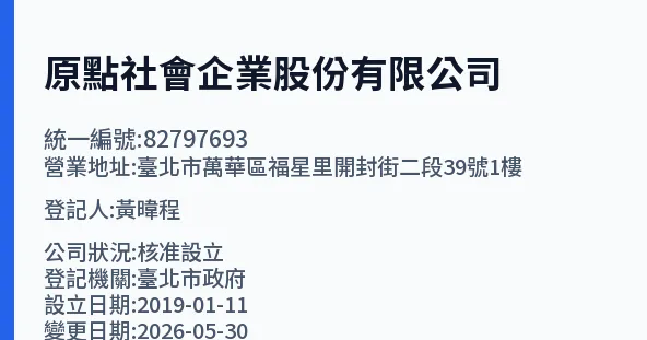 原點社會企業股份有限公司的照片-統編 82797693(臺北市) 公司登記資料與營業項目詳細圖表