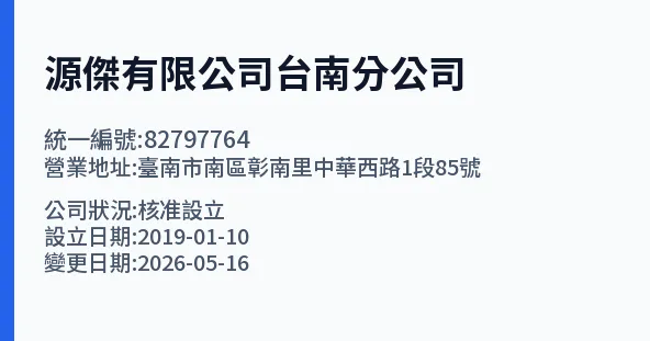 源傑有限公司台南分公司的照片-統編 82797764(臺南市) 公司登記資料與營業項目詳細圖表