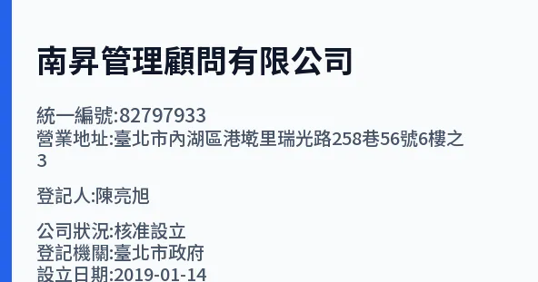 南昇管理顧問有限公司的照片-統編 82797933(臺北市) 公司登記資料與營業項目詳細圖表