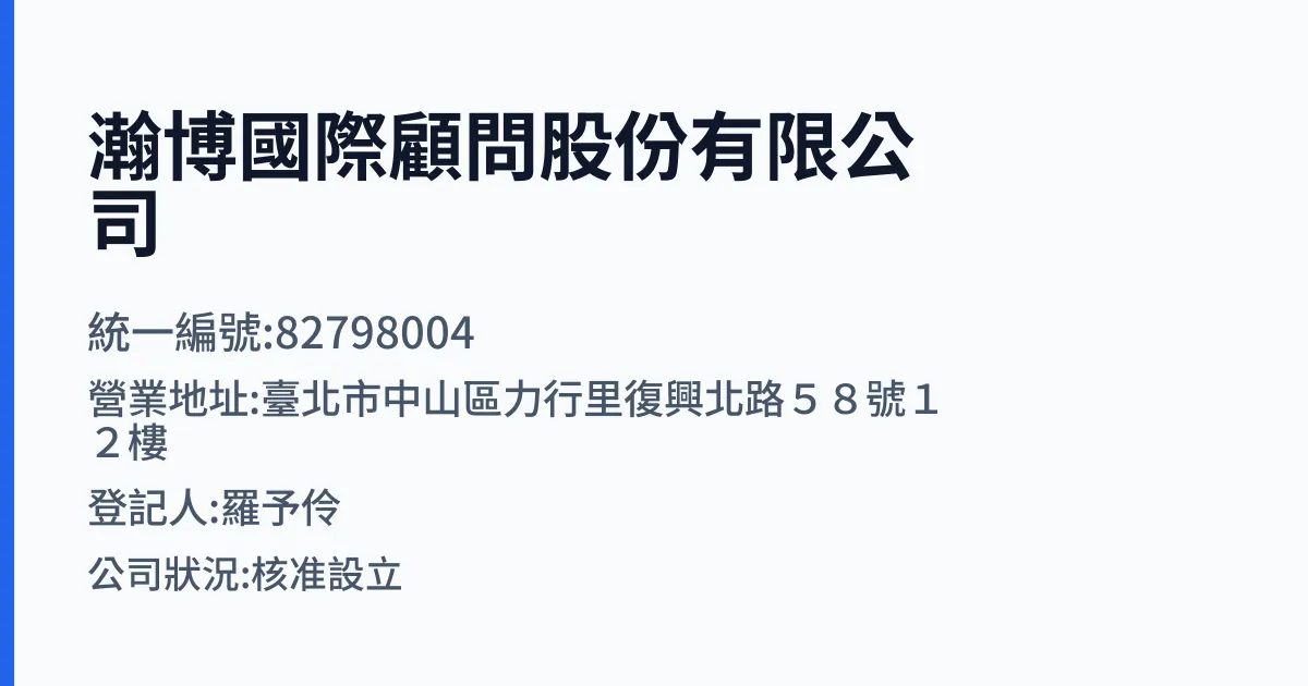 瀚博國際顧問股份有限公司 - 統編 82798004(臺北市) 公司登記資料與營業項目詳細圖表