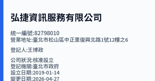 弘捷資訊服務有限公司的照片-統編 82798010(臺北市) 公司登記資料與營業項目詳細圖表