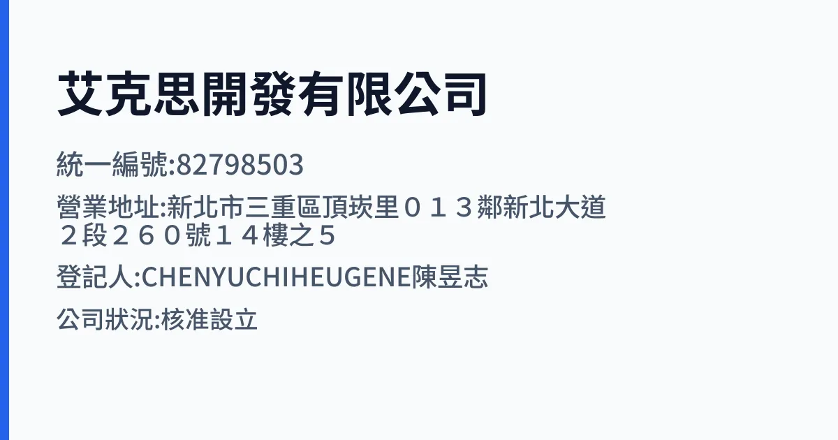 艾克思開發有限公司 - 統編 82798503(新北市) 公司登記資料與營業項目詳細圖表