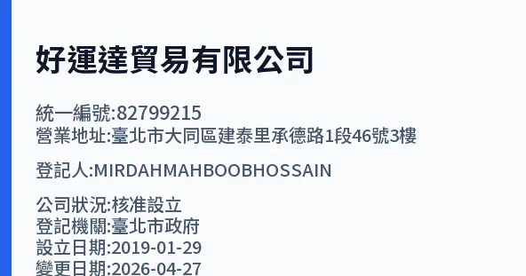 好運達貿易有限公司的照片-統編 82799215(臺北市) 公司登記資料與營業項目詳細圖表