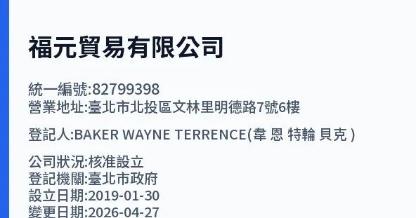 福元貿易有限公司的照片-統編 82799398(臺北市) 公司登記資料與營業項目詳細圖表