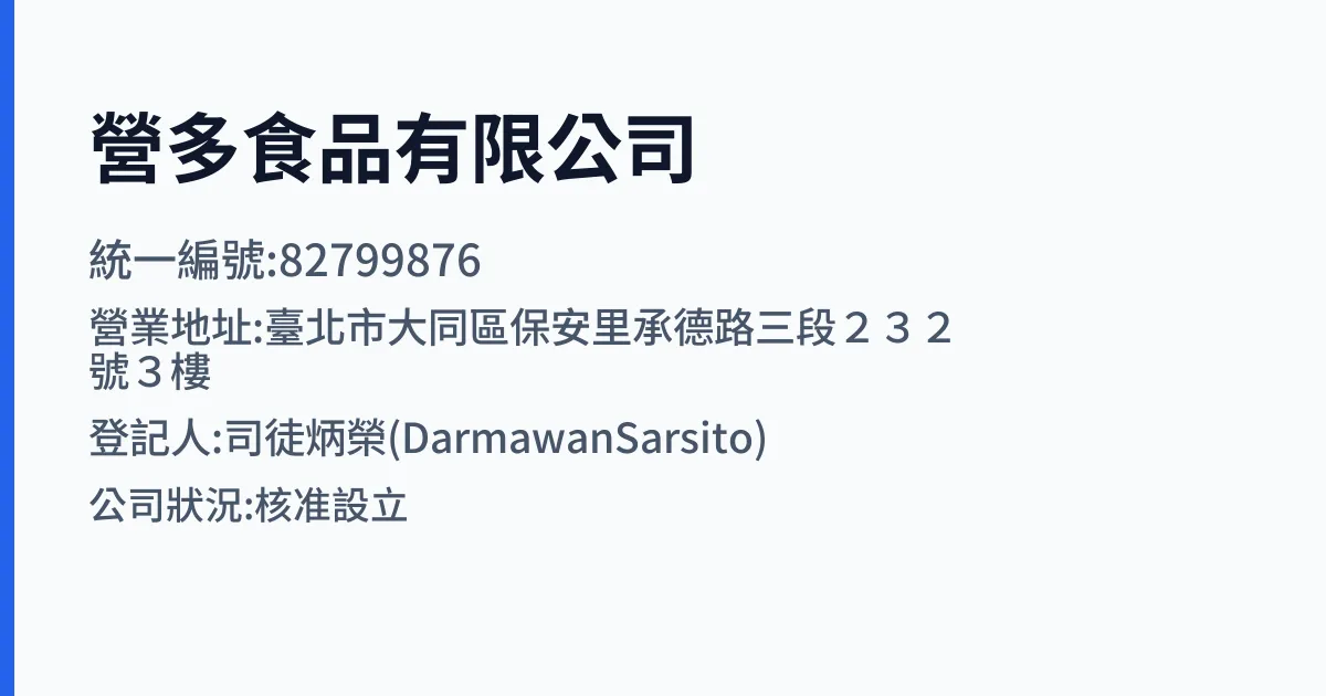 營多食品有限公司 - 統編 82799876(臺北市) 公司登記資料與營業項目詳細圖表
