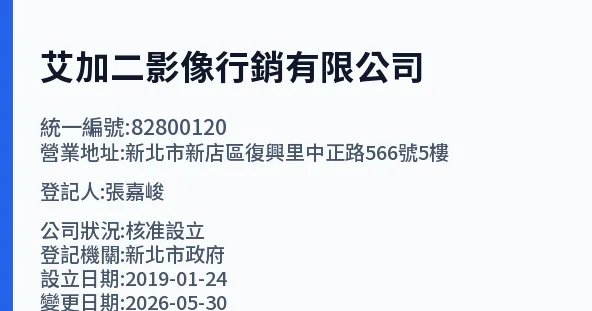 艾加二影像行銷有限公司的照片-統編 82800120(新北市) 公司登記資料與營業項目詳細圖表