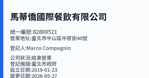 馬蒂僑國際餐飲有限公司的照片-統編 82800521(臺北市) 公司登記資料與營業項目詳細圖表