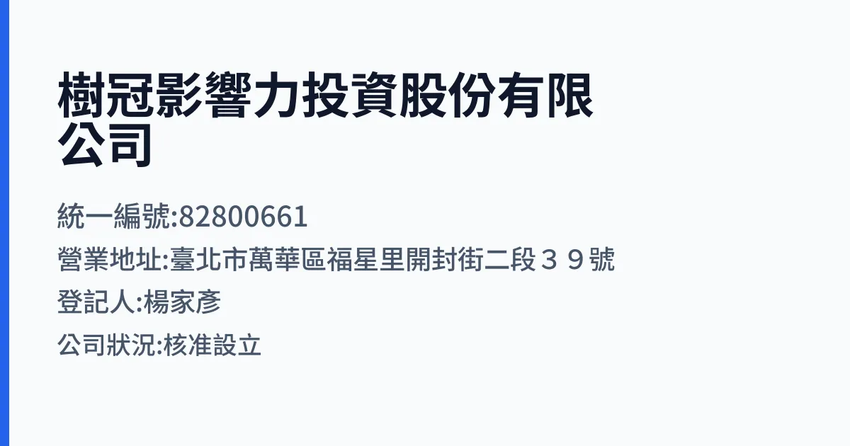 樹冠影響力投資股份有限公司 - 統編 82800661(臺北市) 公司登記資料與營業項目詳細圖表