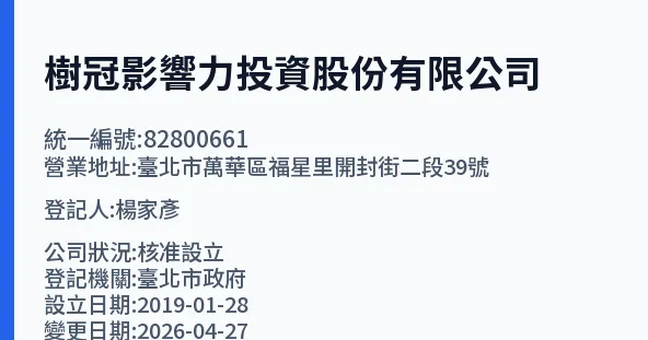 樹冠影響力投資股份有限公司的照片-統編 82800661(臺北市) 公司登記資料與營業項目詳細圖表