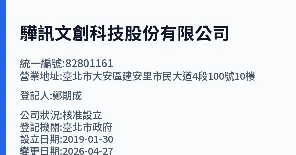 驊訊文創科技股份有限公司的照片-統編 82801161(臺北市) 公司登記資料與營業項目詳細圖表
