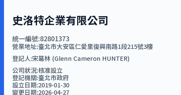 史洛特企業有限公司的照片-統編 82801373(臺北市) 公司登記資料與營業項目詳細圖表