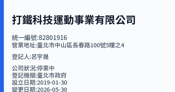 打鐵科技運動事業有限公司的照片-統編 82801916(臺北市) 公司登記資料與營業項目詳細圖表