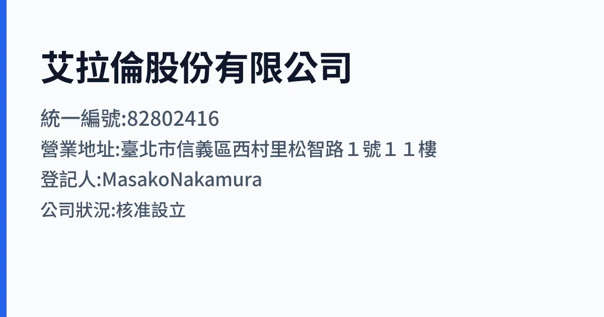 艾拉倫股份有限公司 - 統編 82802416 (臺北市) 公司登記資料與營業項目詳細圖表