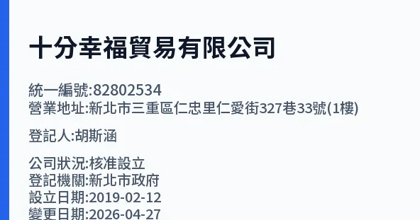 十分幸福貿易有限公司的照片-統編 82802534(新北市) 公司登記資料與營業項目詳細圖表