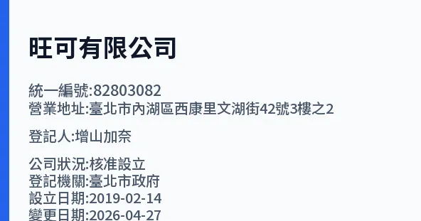 旺可有限公司的照片-統編 82803082(臺北市) 公司登記資料與營業項目詳細圖表