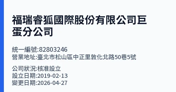 福瑞睿狐國際股份有限公司巨蛋分公司的照片-統編 82803246(臺北市) 公司登記資料與營業項目詳細圖表