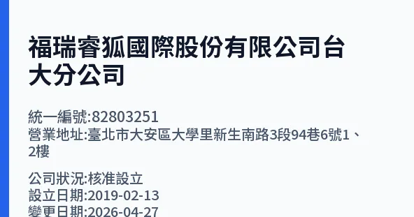 福瑞睿狐國際股份有限公司台大分公司的照片-統編 82803251(臺北市) 公司登記資料與營業項目詳細圖表