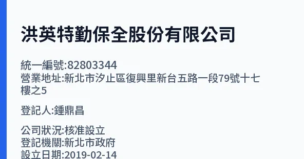 洪英特勤保全股份有限公司的照片-統編 82803344(新北市) 公司登記資料與營業項目詳細圖表