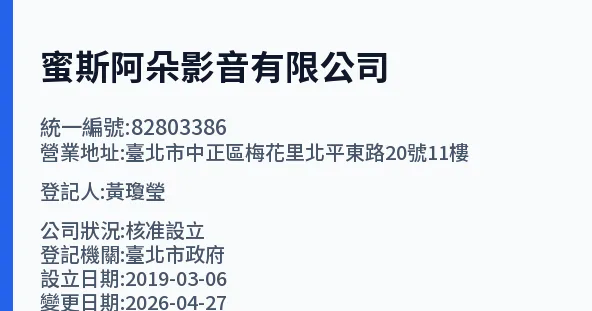 蜜斯阿朵影音有限公司的照片-統編 82803386(臺北市) 公司登記資料與營業項目詳細圖表