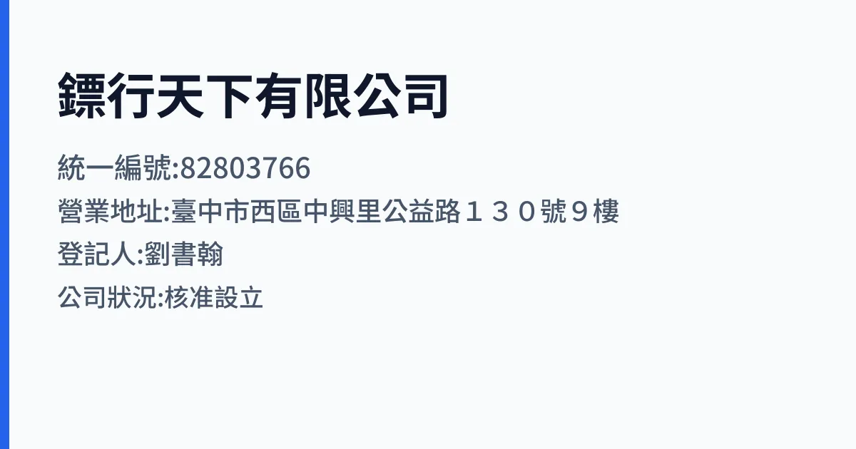 鏢行天下有限公司 - 統編 82803766(臺中市) 公司登記資料與營業項目詳細圖表