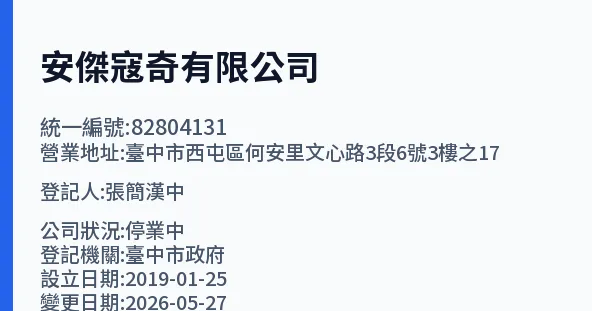 安傑寇奇有限公司的照片-統編 82804131(臺中市) 公司登記資料與營業項目詳細圖表