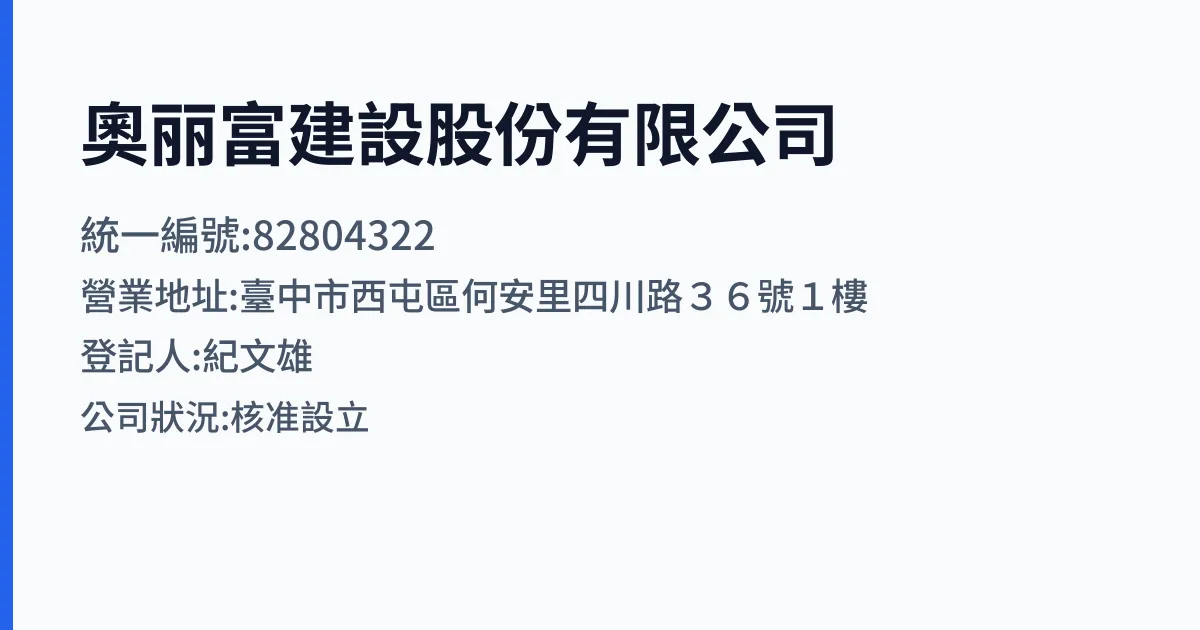 奧丽富建設股份有限公司 - 統編 82804322(臺中市) 公司登記資料與營業項目詳細圖表