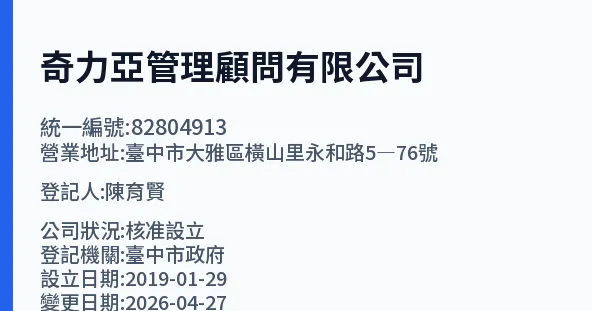 奇力亞管理顧問有限公司的照片-統編 82804913(臺中市) 公司登記資料與營業項目詳細圖表