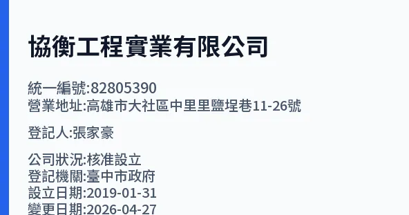 協衡工程實業有限公司的照片-統編 82805390(高雄市) 公司登記資料與營業項目詳細圖表