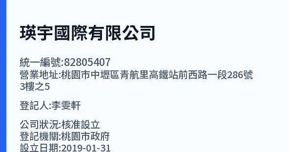 瑛宇國際有限公司的照片-統編 82805407(桃園市) 公司登記資料與營業項目詳細圖表
