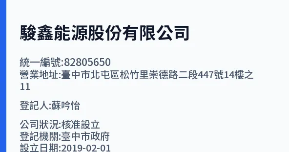 駿鑫能源股份有限公司的照片-統編 82805650(臺中市) 公司登記資料與營業項目詳細圖表