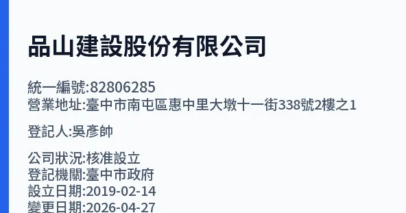 品山建設股份有限公司的照片-統編 82806285(臺中市) 公司登記資料與營業項目詳細圖表