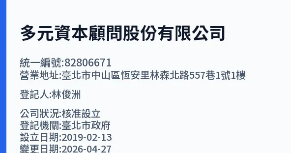 多元資本顧問股份有限公司的照片-統編 82806671(臺北市) 公司登記資料與營業項目詳細圖表
