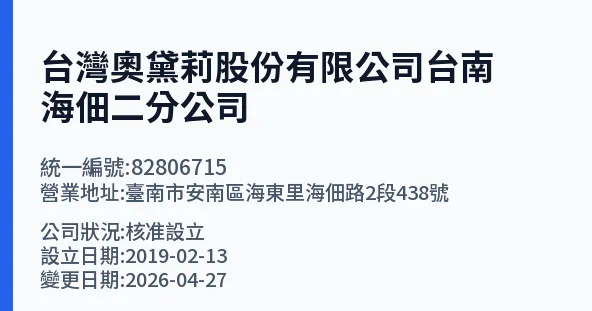 台灣奧黛莉股份有限公司台南海佃二分公司的照片-統編 82806715(臺南市) 公司登記資料與營業項目詳細圖表