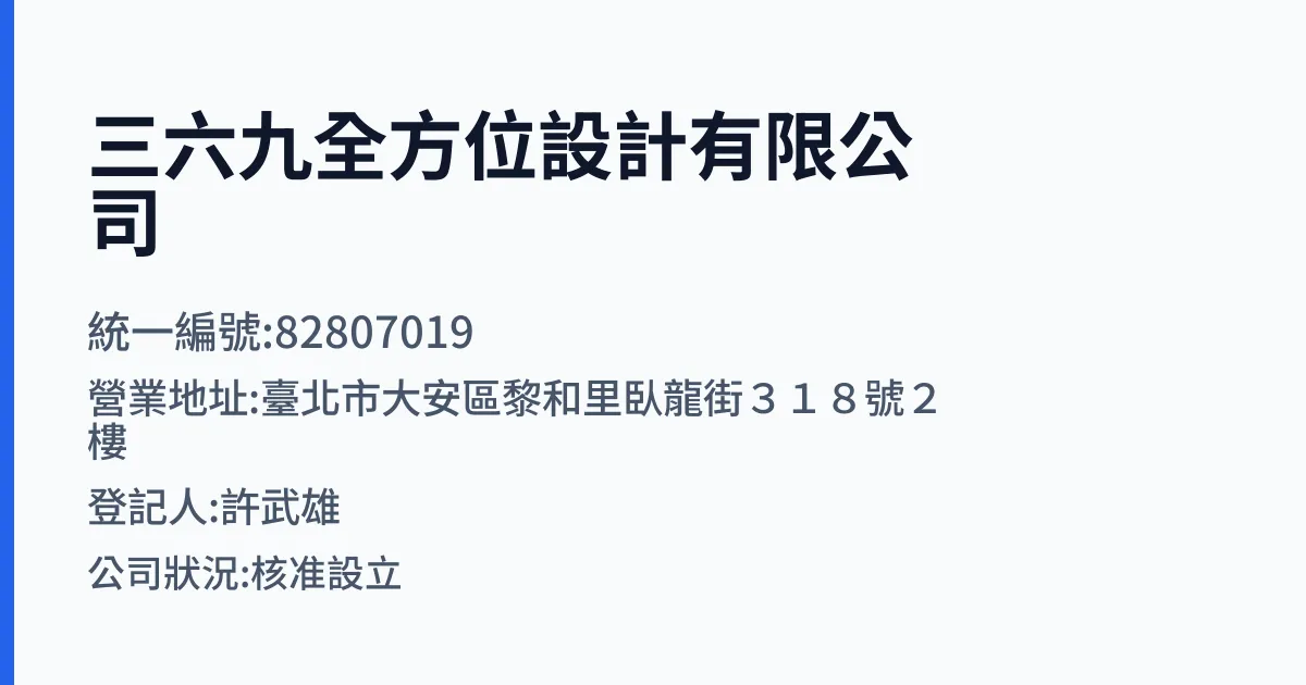 三六九全方位設計有限公司 - 統編 82807019(臺北市) 公司登記資料與營業項目詳細圖表