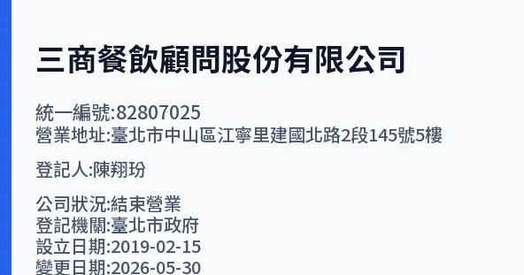 三商餐飲顧問股份有限公司的照片-統編 82807025(臺北市) 公司登記資料與營業項目詳細圖表