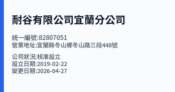 耐谷有限公司宜蘭分公司的照片-統編 82807051(宜蘭縣) 公司登記資料與營業項目詳細圖表