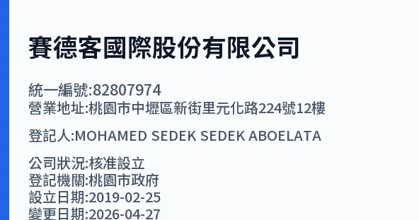 賽德客國際股份有限公司的照片-統編 82807974(桃園市) 公司登記資料與營業項目詳細圖表