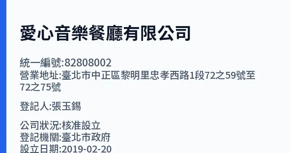 愛心音樂餐廳有限公司的照片-統編 82808002(臺北市) 公司登記資料與營業項目詳細圖表