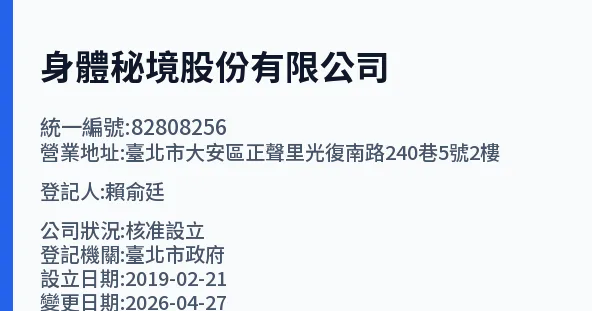 身體秘境股份有限公司的照片-統編 82808256(臺北市) 公司登記資料與營業項目詳細圖表