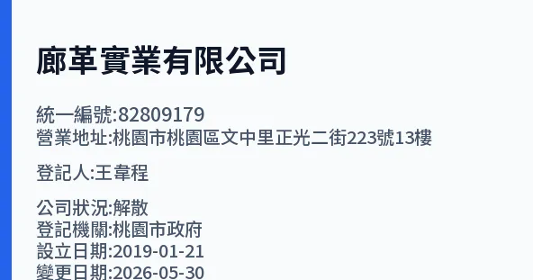 廊革實業有限公司的照片-統編 82809179(桃園市) 公司登記資料與營業項目詳細圖表