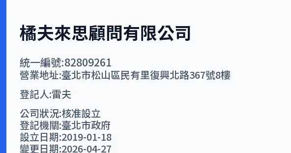 橘夫來思顧問有限公司的照片-統編 82809261(臺北市) 公司登記資料與營業項目詳細圖表
